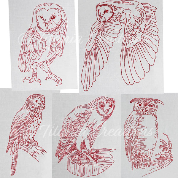 Redwork Owls 5x7 Set of Five - Titania Creations