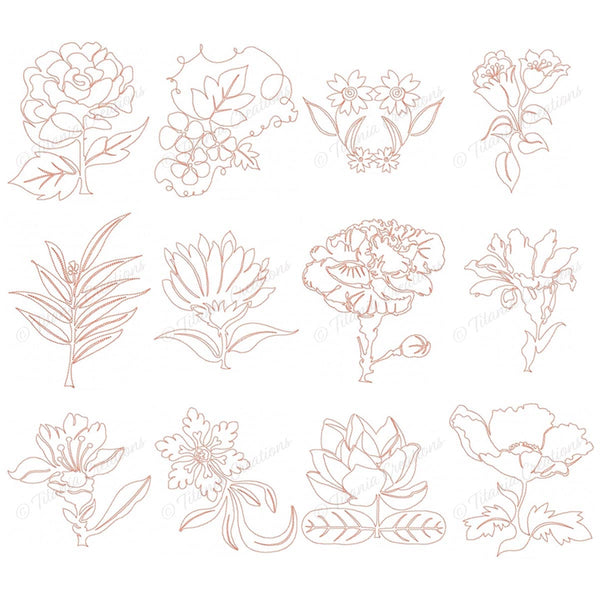 Continuous Line Flowers Set of 12 in Sizes 4x4 - 8x8 - Titania Creations